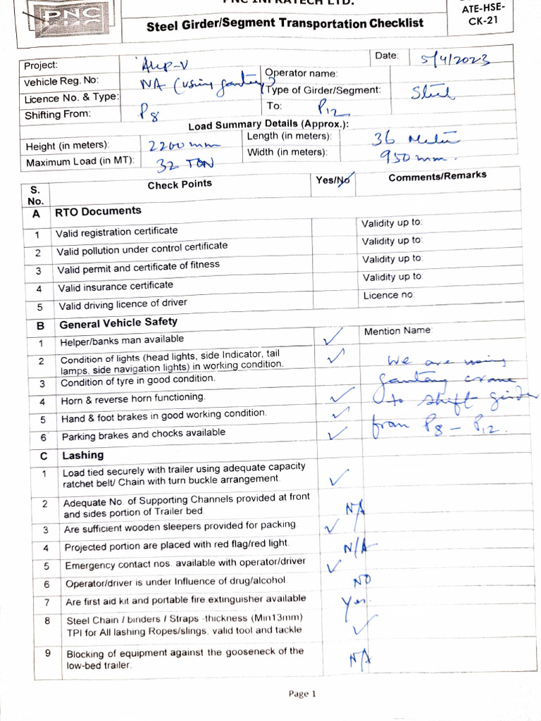 steel Girder Transportation Checklist April | PDF | Trailer (Vehicle ...