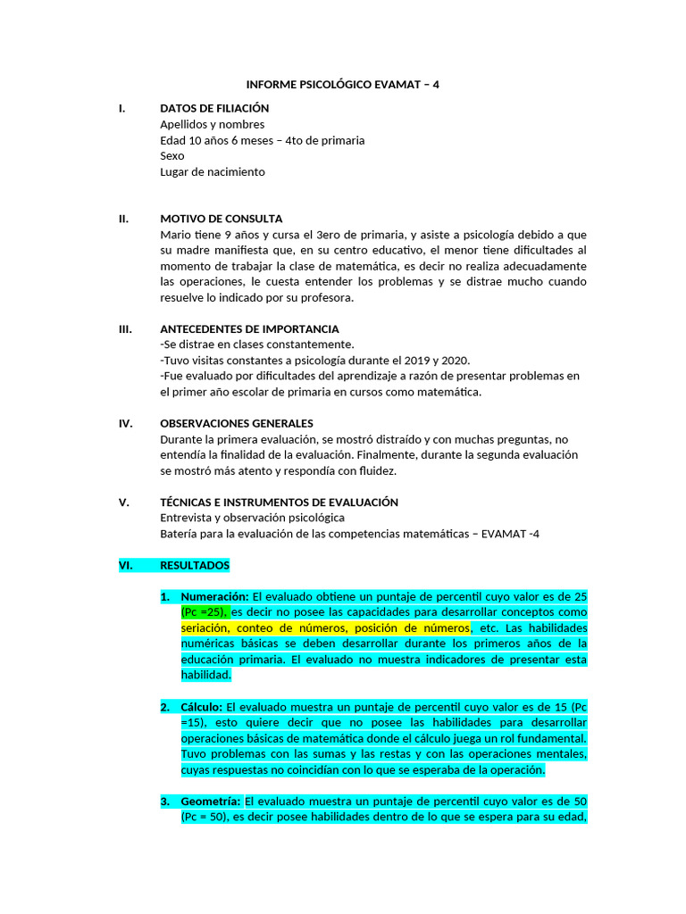 Informe Psicológico Evamat 4 | PDF | Evaluación | Matemáticas