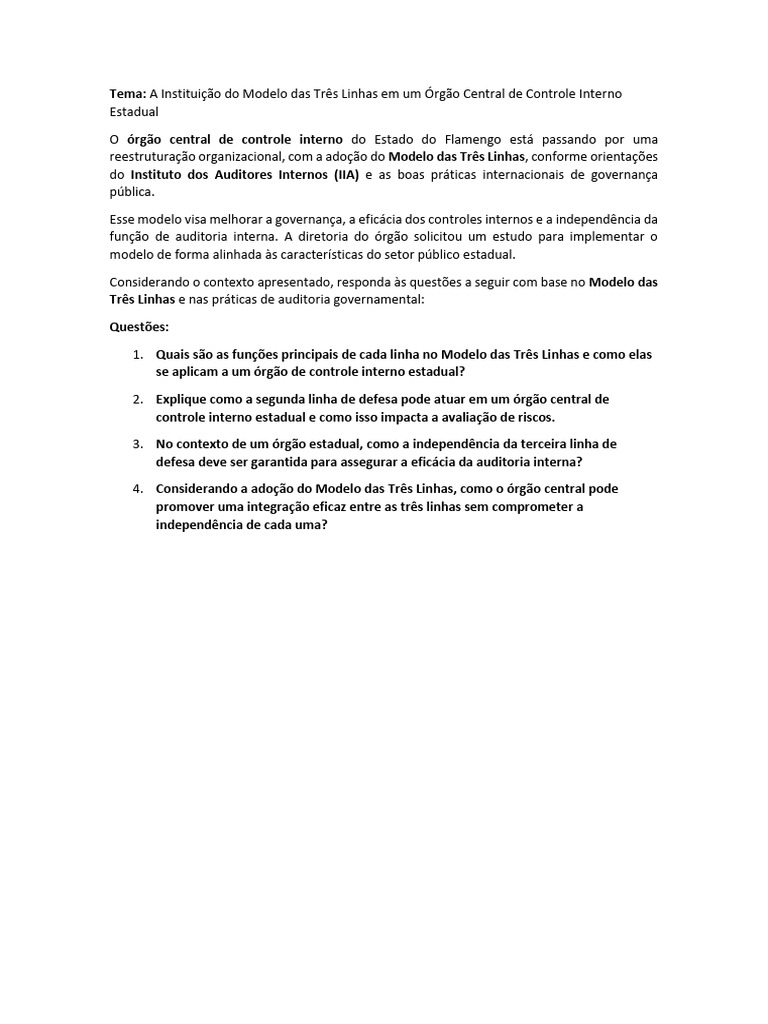 Trabalho Pós-Graduação - Instituição Do Modelo Das 3 Linhas | PDF
