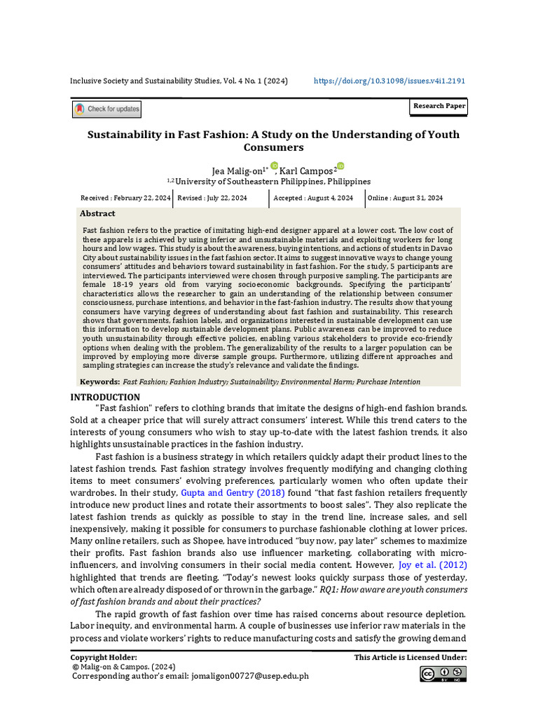 Sustainability in Fast Fashion A Study On The Unde | PDF | Behavior ...