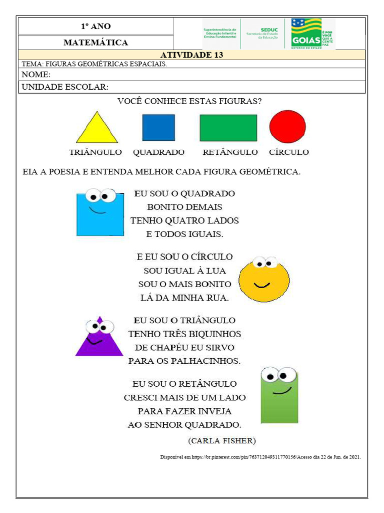 Atividade 13 1 o Ano Matematica Tema Figuras Geometricas Espaciais | PDF | Geometria
