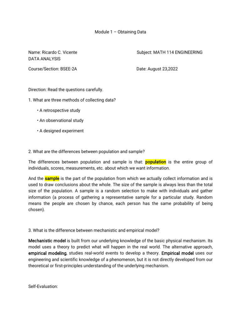 Module 1 Pre-Test and Self-Evaluation | PDF | Experiment | Sampling ...