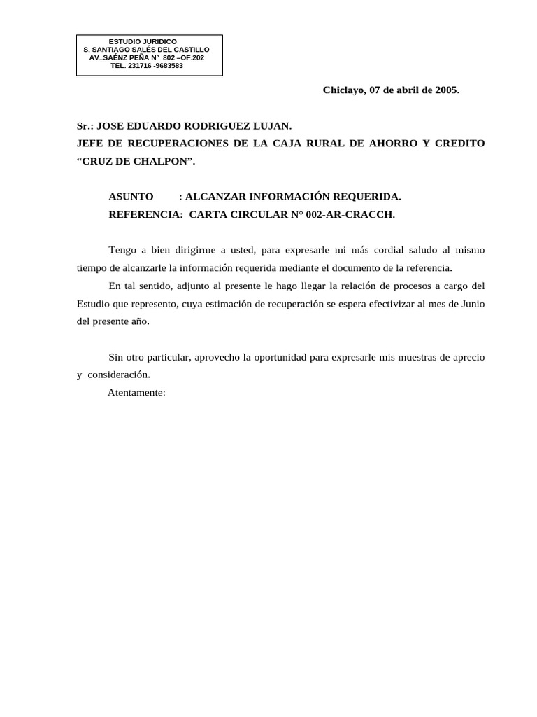 Carta Alcanzando Informe Requerido. | PDF