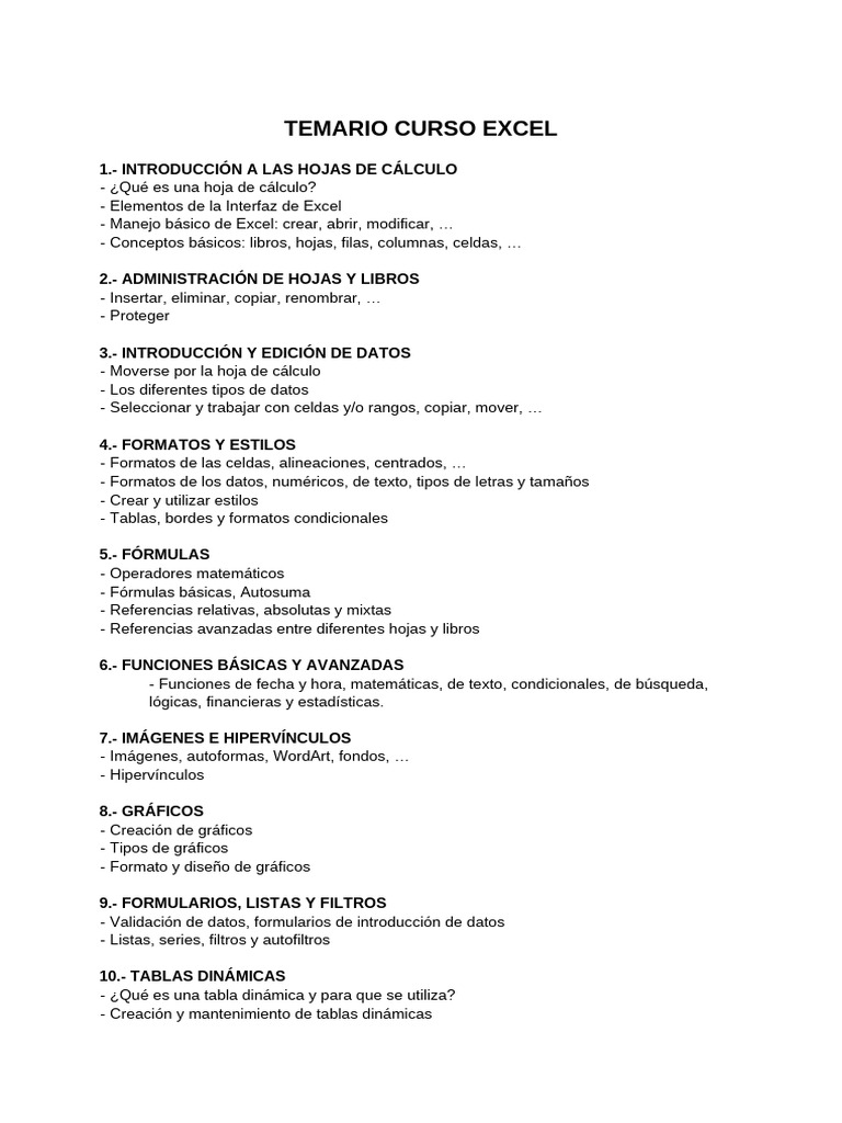 Temario Curso Excel | PDF