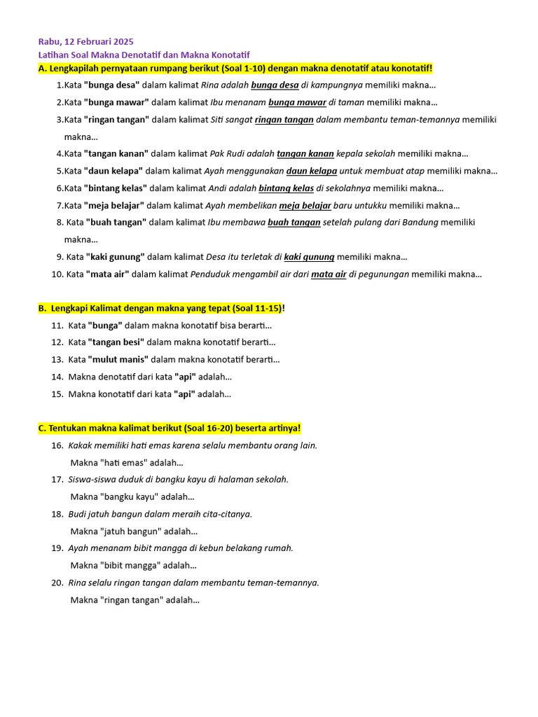 20 Soal Makna Denotatif Dan Makna Konotatif Untuk Siswa | PDF