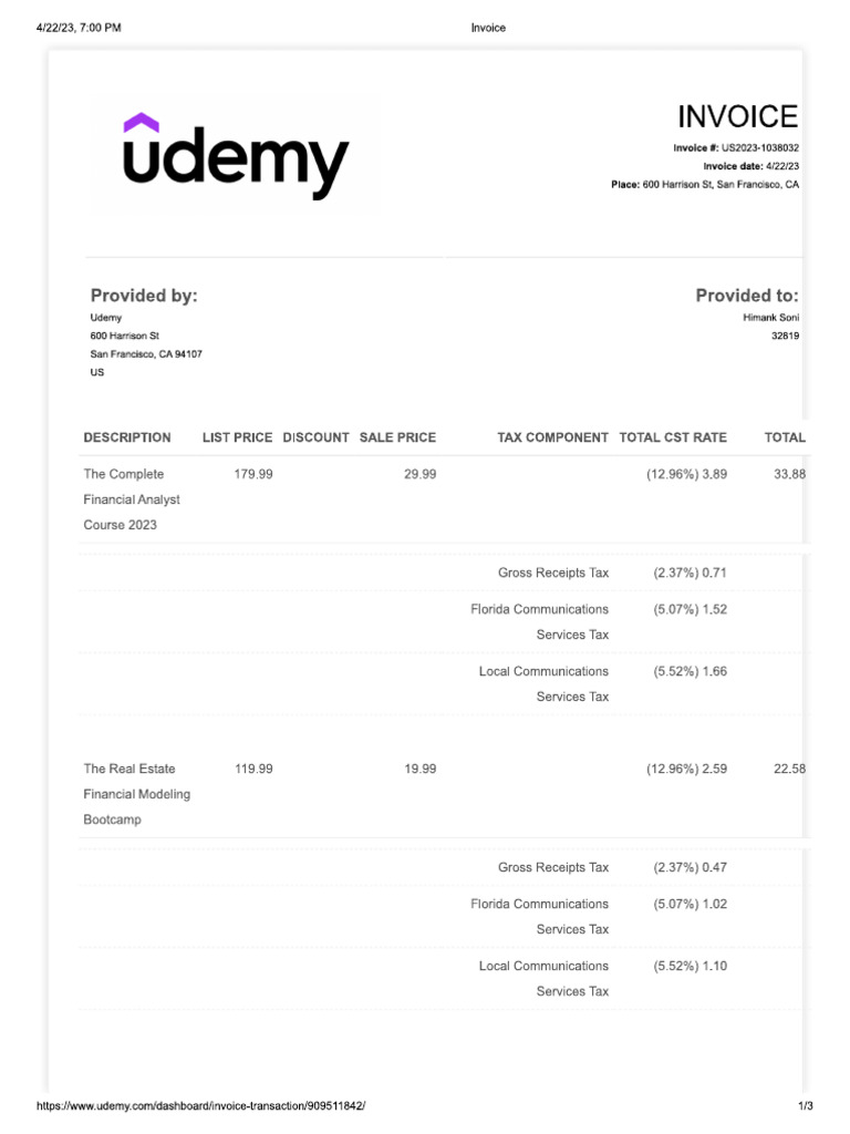 Invoice Udemy | PDF