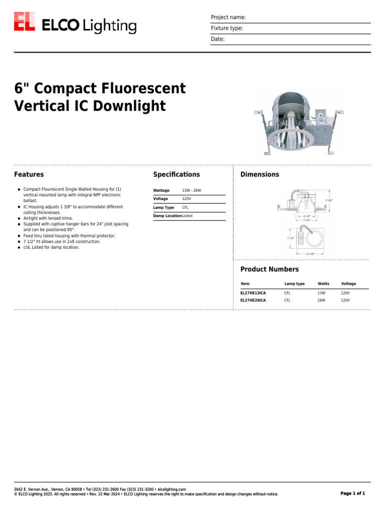 ELCO 6 Compact Fluorescent Vertical Ic Downlight | PDF