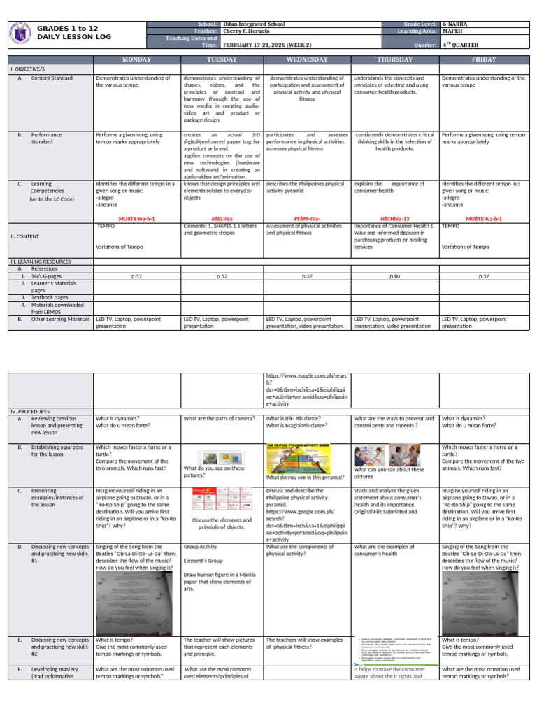 DLL_MAPEH 6_Q4_W2 | PDF | Learning