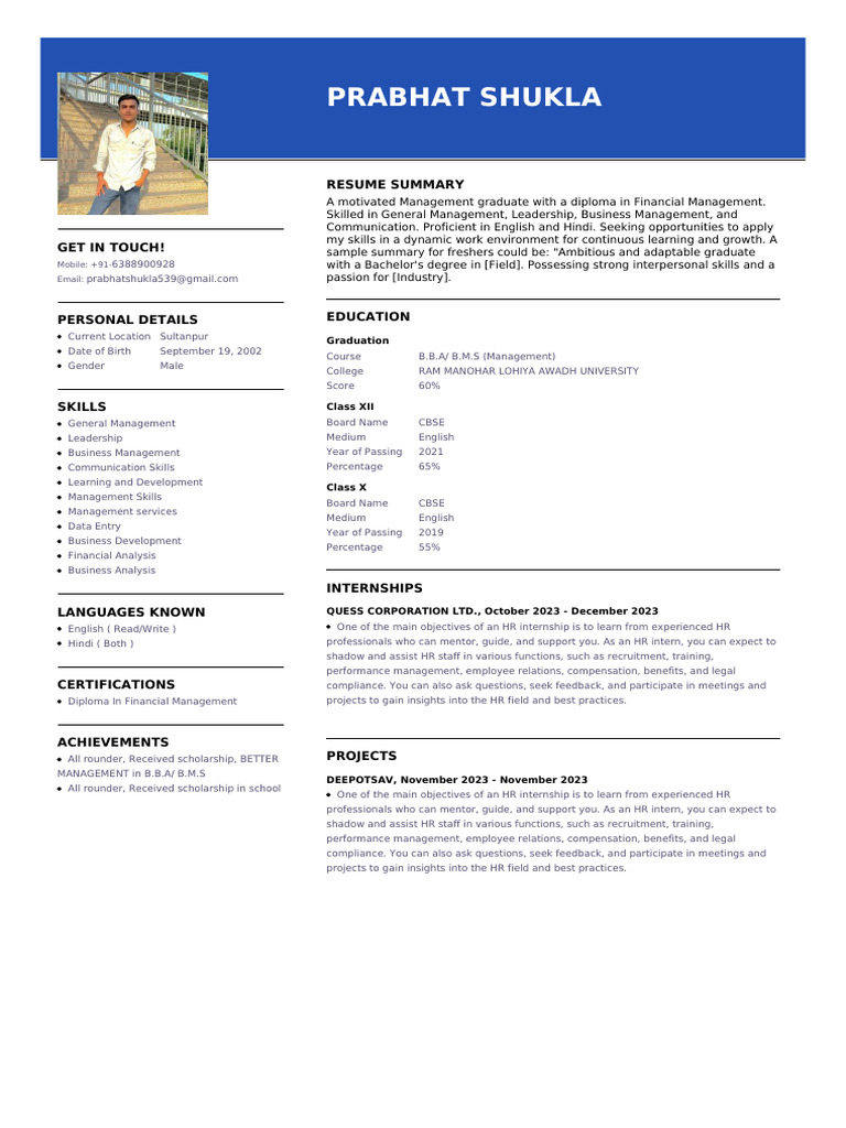 Prabhat Shukla Resume | PDF | Leadership | Mentorship