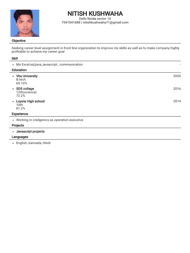 Frontline Career Resume of Nitish Kushwaha | PDF