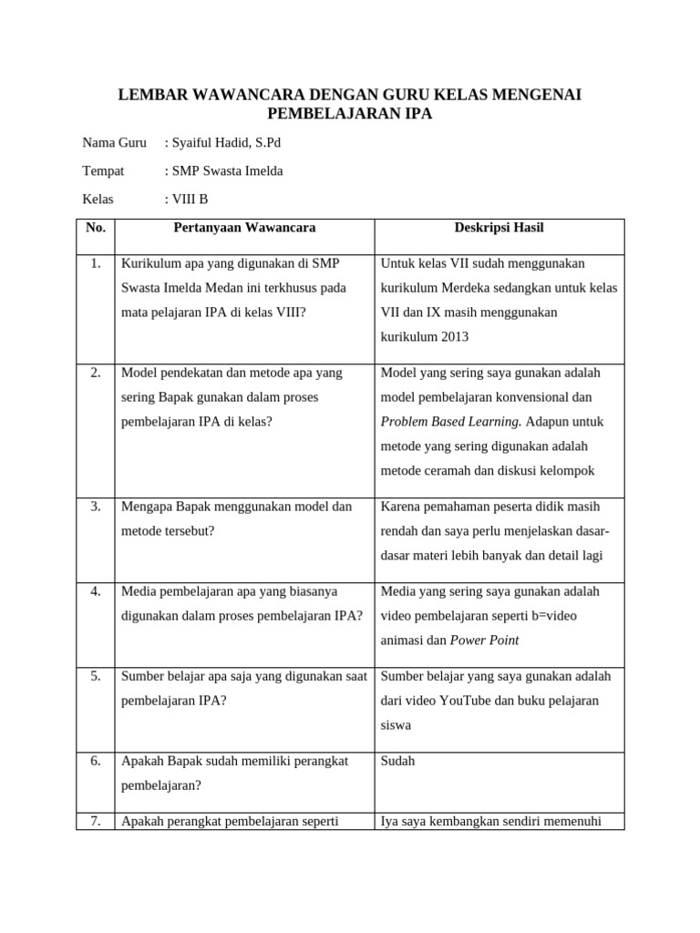 Lembar Wawancara Dan Observasi Penelitian | PDF