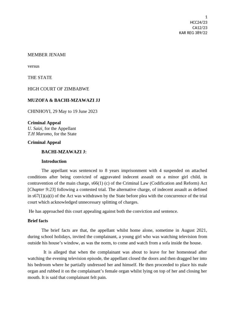 S V Jenami (24 of 2023) 2023 ZWCHHC 29 (19 June 2023) | PDF | Burden Of Proof (Law) | Witness