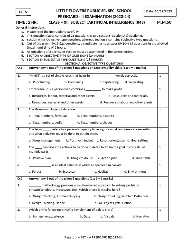 Set a-xii Ai-preboard II (2023-24) - Seema Sharma | PDF | Cross Validation (Statistics) | Loss ...