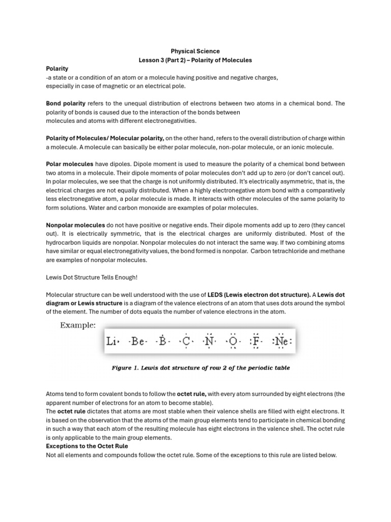 Lesson 3 Part 2 Polarity of Molecules | PDF | Chemical Polarity | Chemical Bond