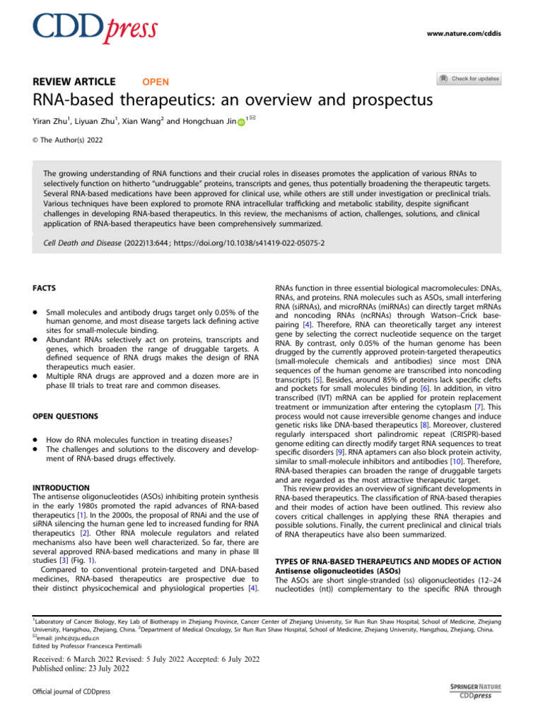 RNA-Based Therapeutics Overview | PDF | Micro Rna | Rna Interference