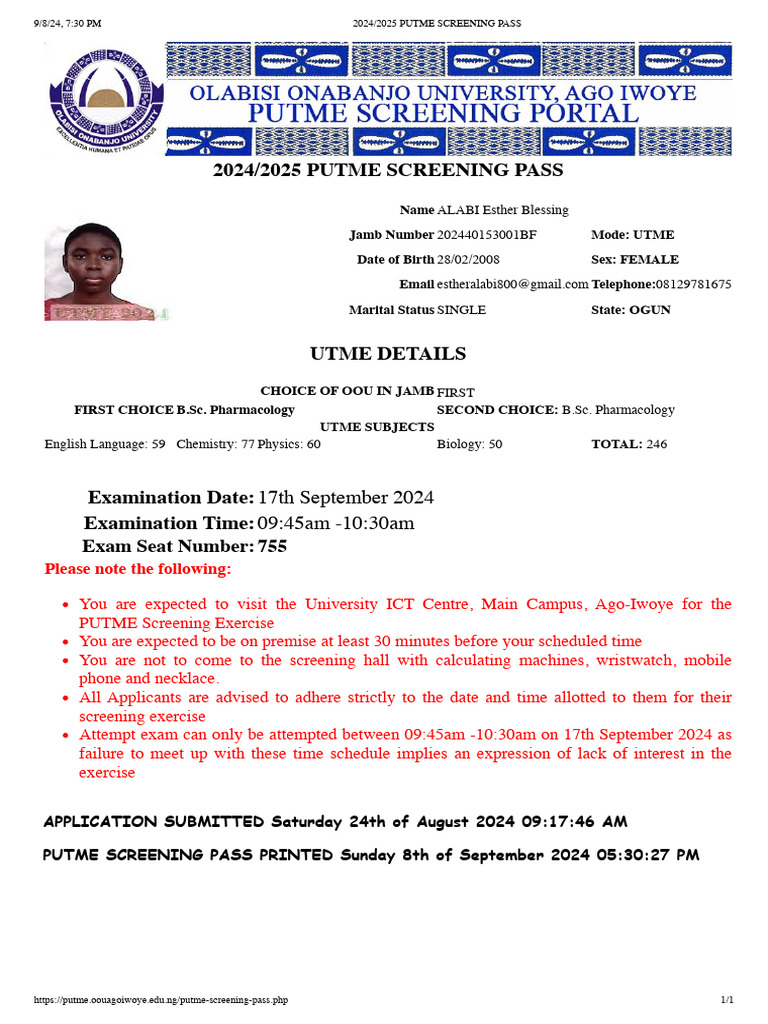 Alabi 2024 - 2025 Putme Screening Pass-1 | PDF