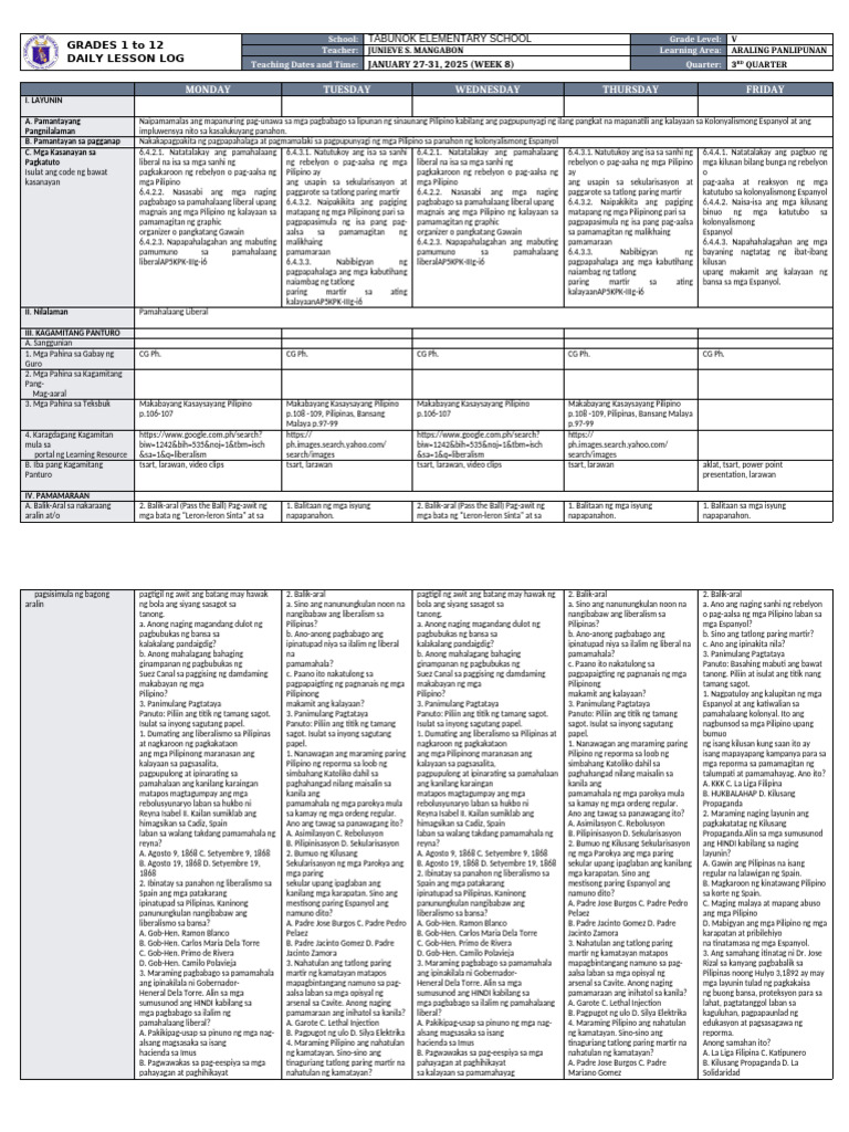 DLL - Araling Panlipunan 5 - Q3 - W8 | PDF