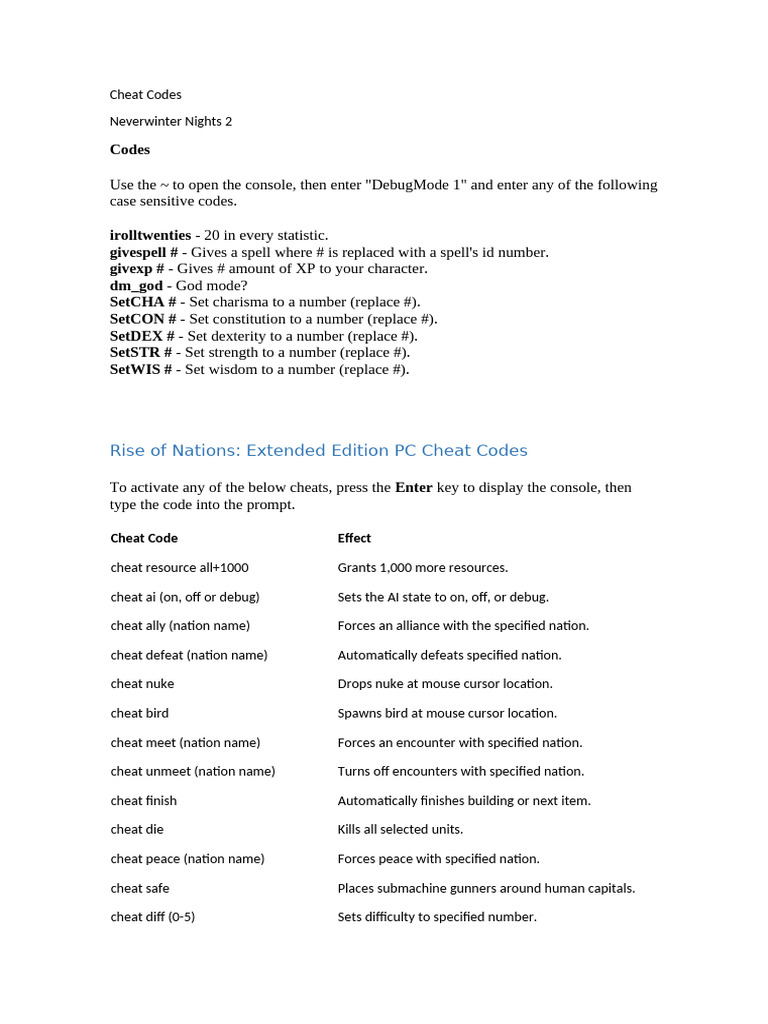 Cheat Codes - Neverwinter Nights 2 e Rise of Nations | PDF | Cheating In Video Games | Computer ...