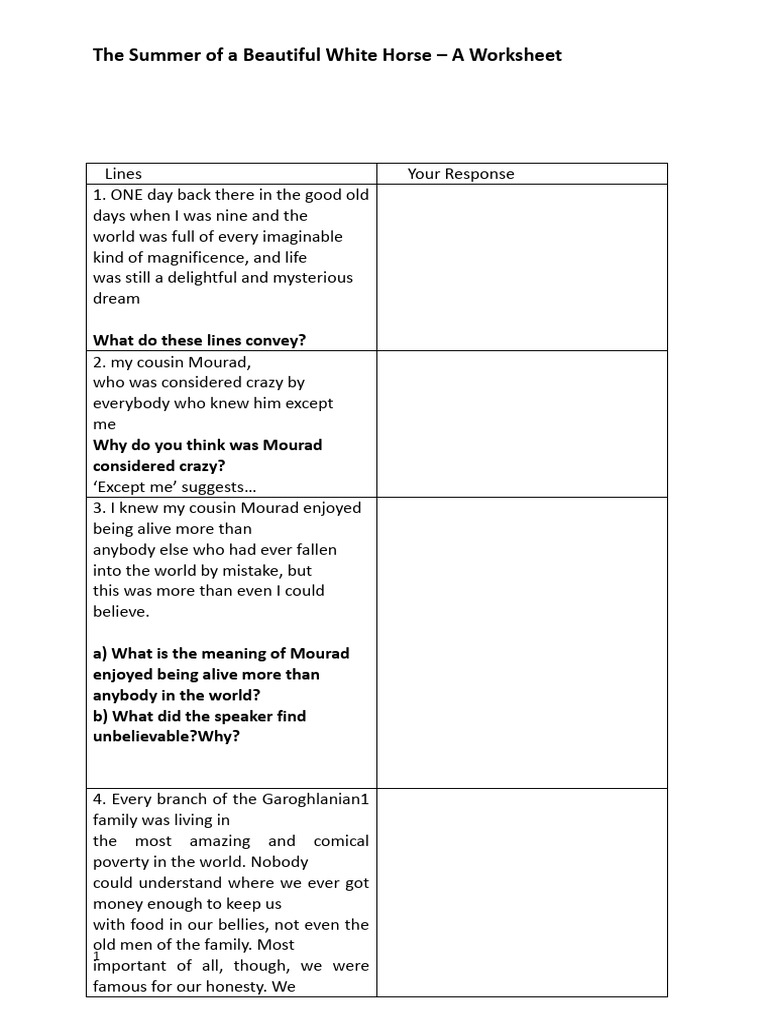 Summer of a Beautiful White Horse Worksheet | PDF