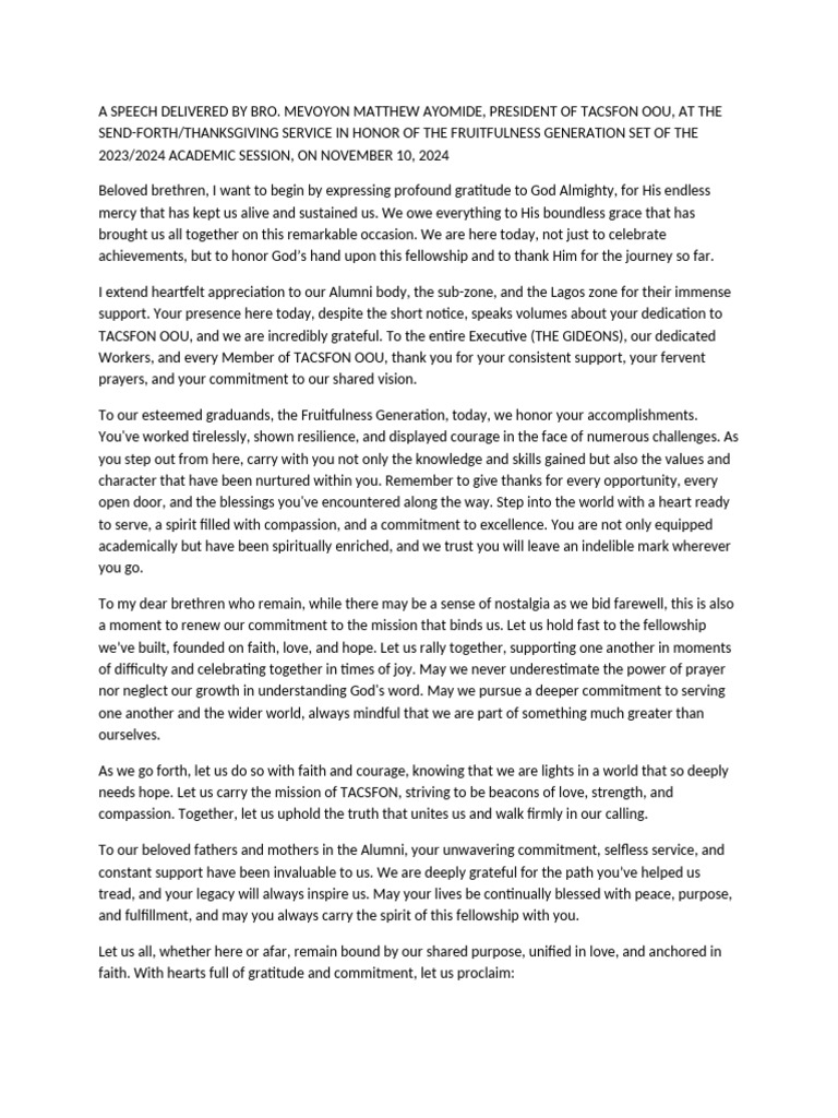Send-Forth Speech for Graduands 2024 | PDF | Love | Gratitude