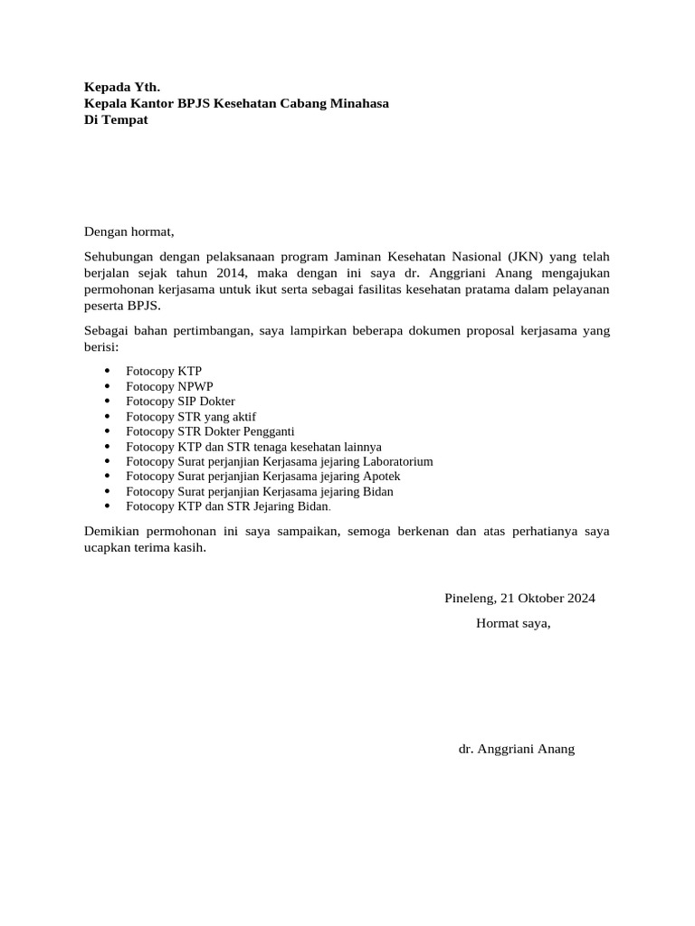Permohonan Kerjasama Fasilitas Kesehatan Bpjs Pdf