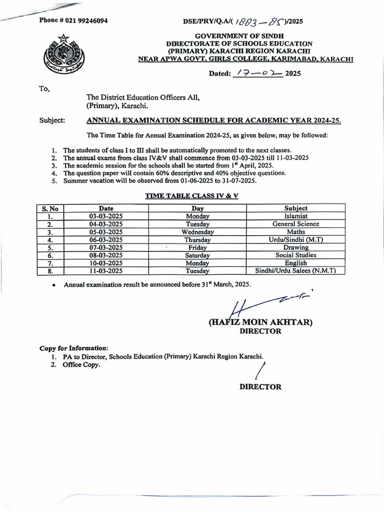 Annual Examination Schedule For Academic Year 2024-25 | PDF