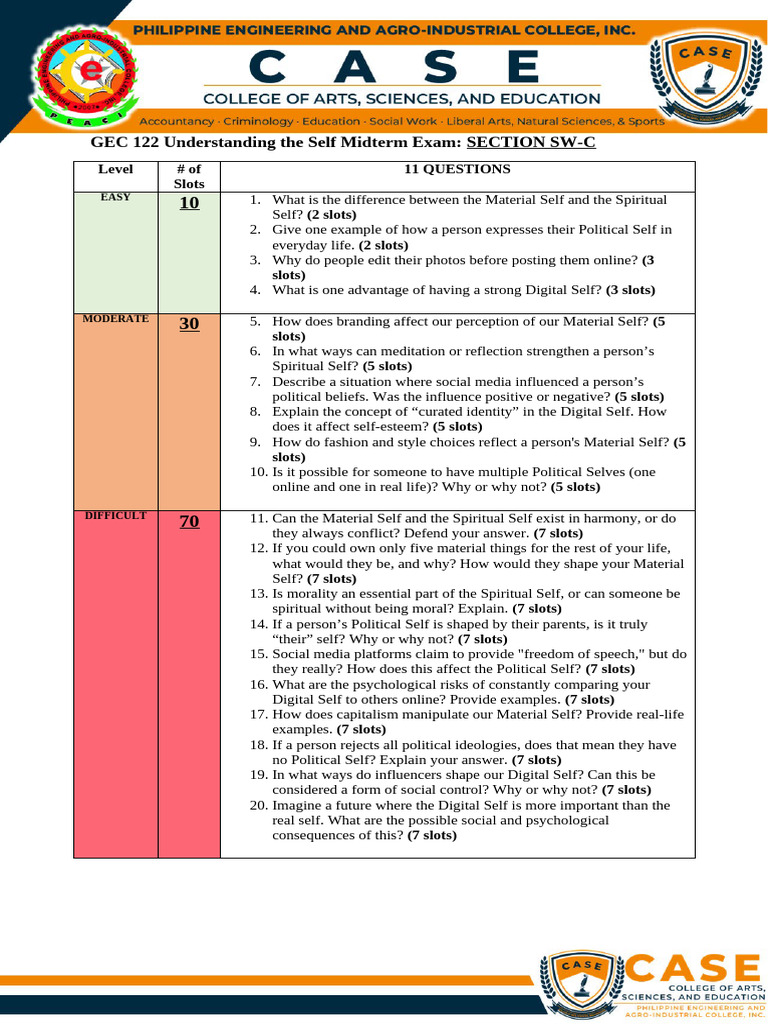 GEC 122 Midterm Exam Guidelines and Questions | PDF | Self | Identity (Social Science)