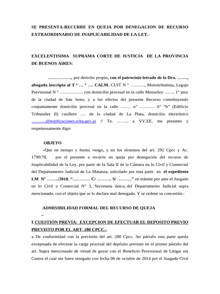 Modelo Recurso de Queja Scba | PDF | Caso de ley | Apelación