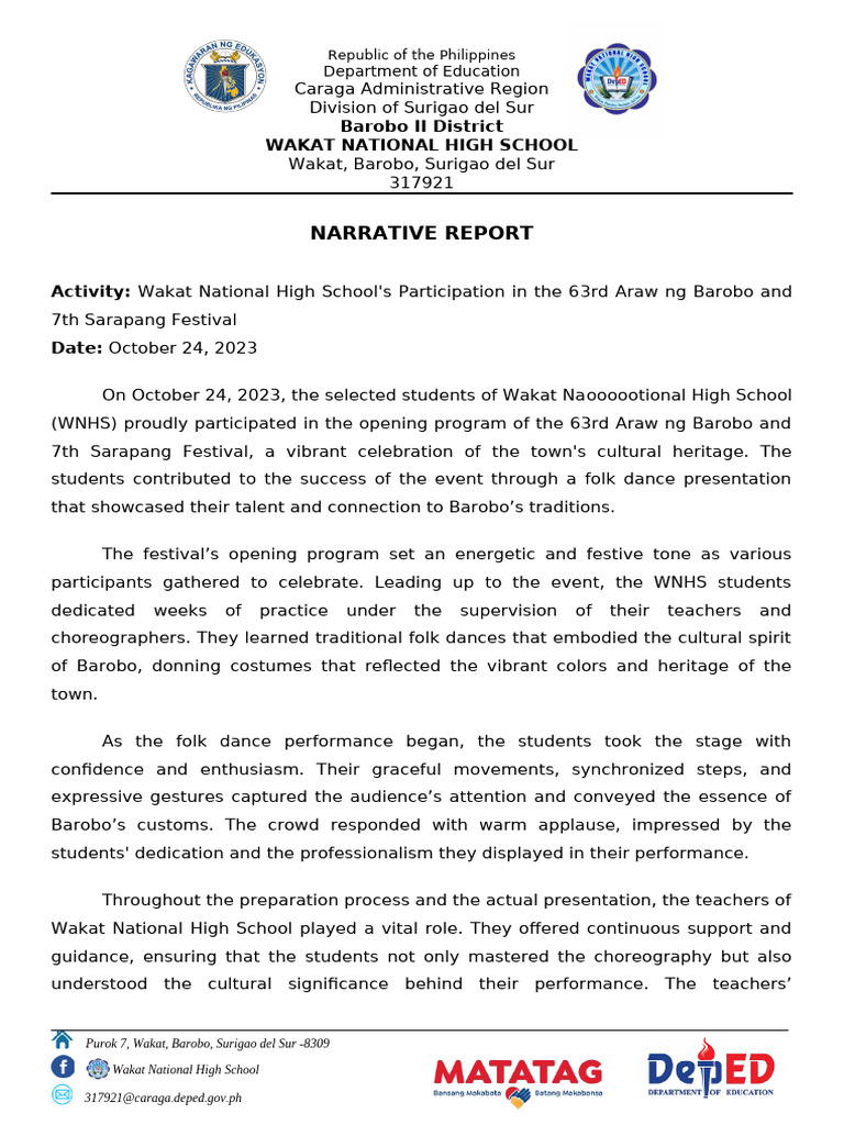 Wakat High School at Araw ng Barobo 2023 | PDF | Choreography | Dances