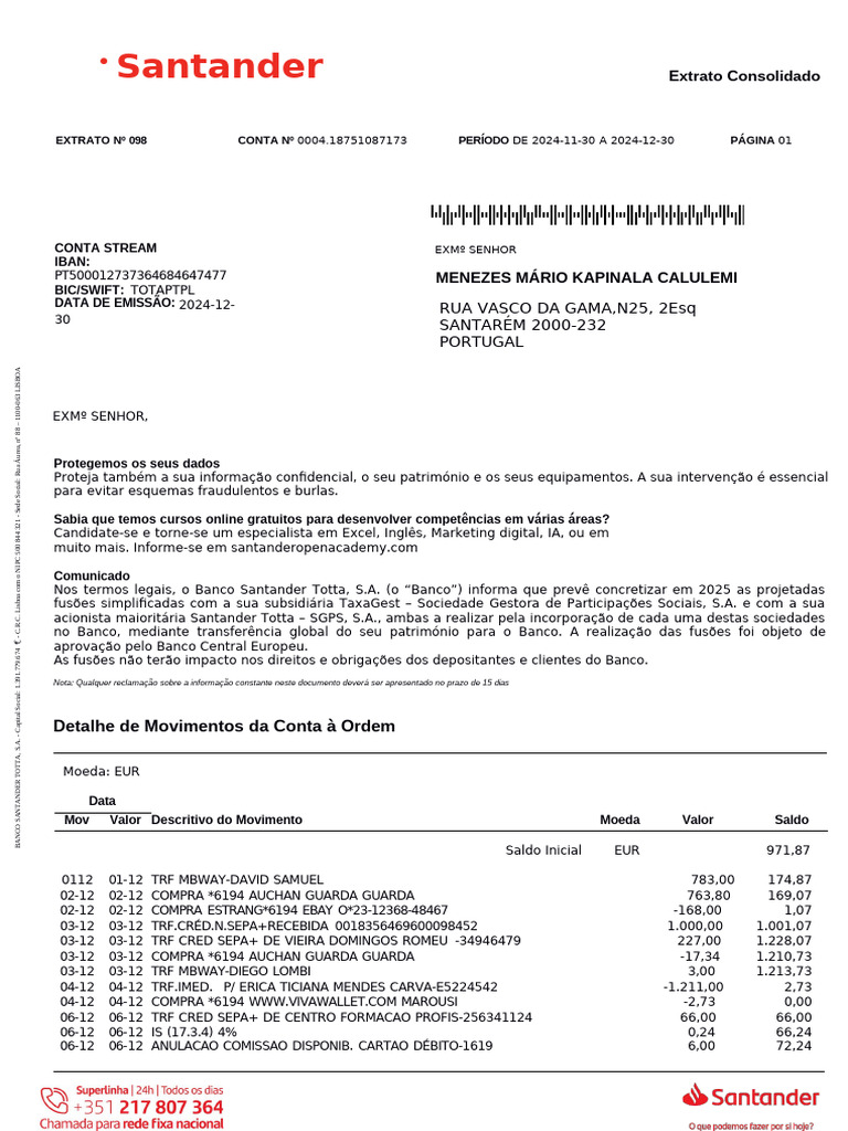 Extrato Consolidado Santander 2024 | PDF | Business | Setor privado