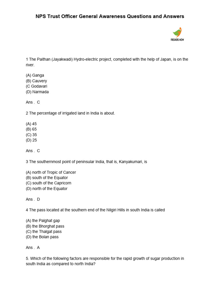 NPS Trust Officer General Awareness Quiz | PDF | South India
