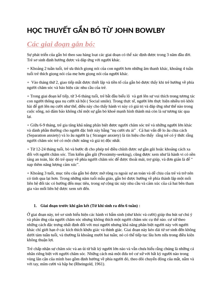 HỌC THUYẾT GẮN BÓ TỪ JOHN BOWLBY | PDF