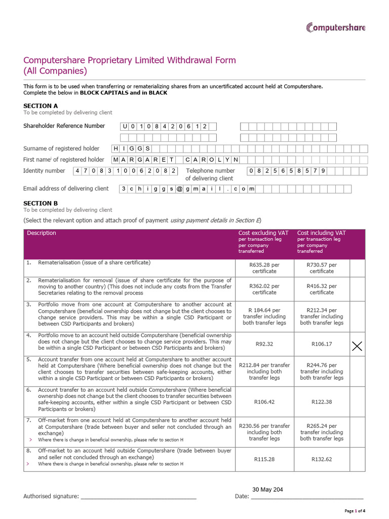 Computershare Proprietory Limited Withdrawal Form | PDF | Identity ...