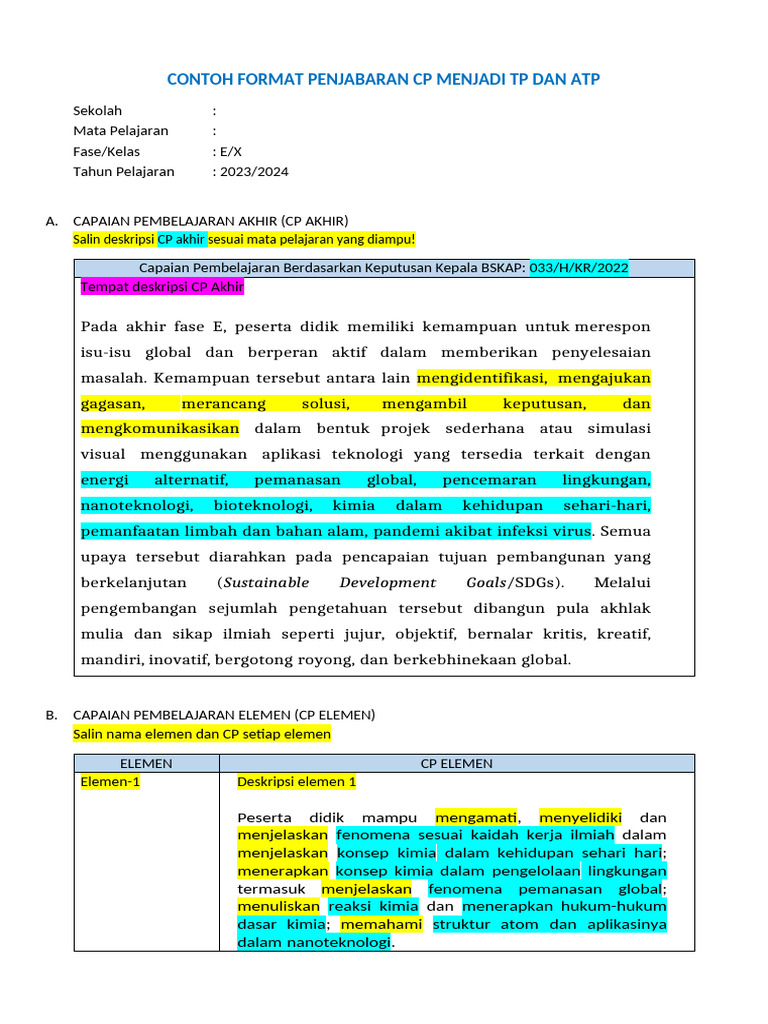 Contoh Format Penjabaran CP Menjadi TP Dan ATP-SMA-Fase E-Air Kumbang | PDF