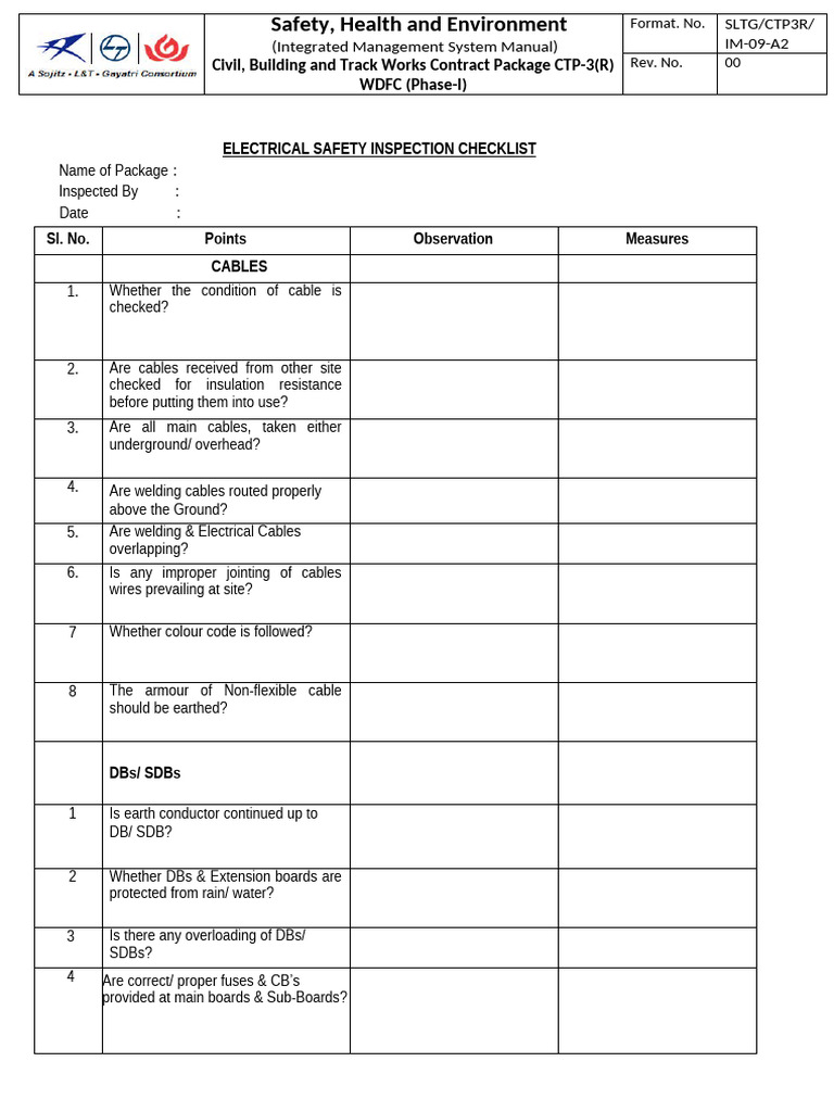 9-A2 REV 00 ELECTRICAL SAFETY INSPECTION CHECKLIST | PDF | Electrical Wiring | Electrical Components