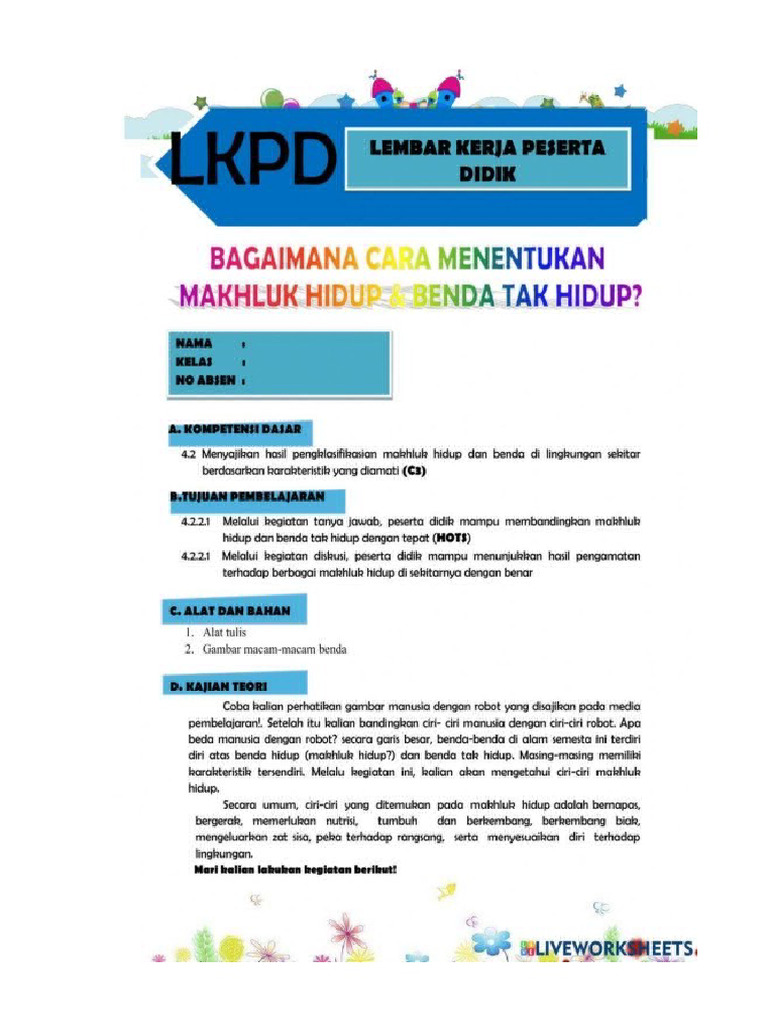 LKPD Klasifikasi Benda Hidup Dan Tak Hidup | PDF