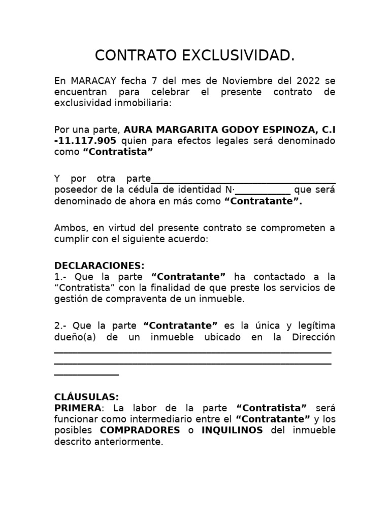 CONTRATO DE EXCLUSIVIDAD INMOBILIARIA | PDF