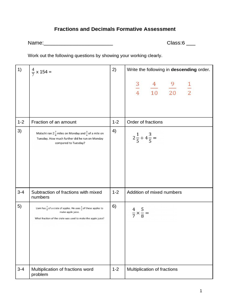 Fractions and Decimals Formative | PDF | Decimal | Numbers