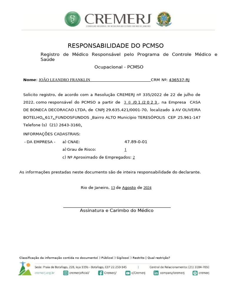 Registro do Médico Responsável pelo PCMSO | PDF