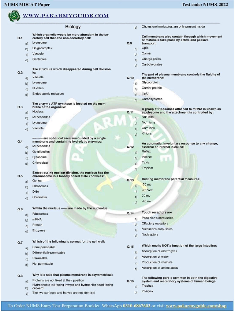 NUMS - 2022 (Paper With Answer Keys) | PDF