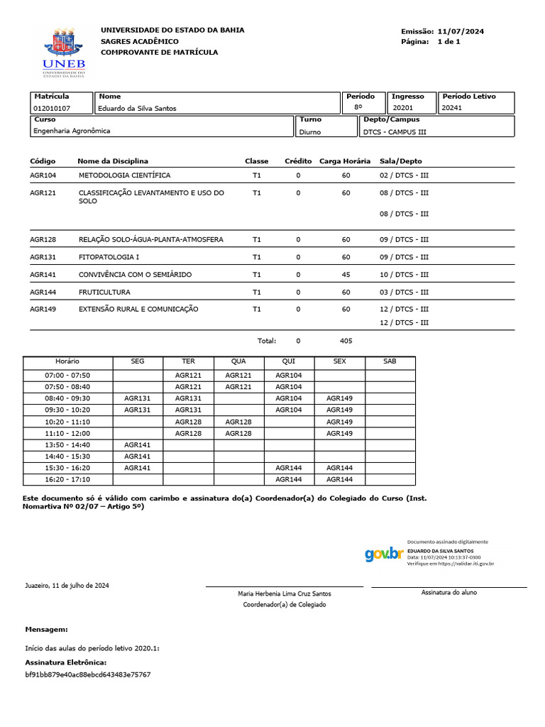 Comprovante de Matricula - Eduardo Assinado | PDF