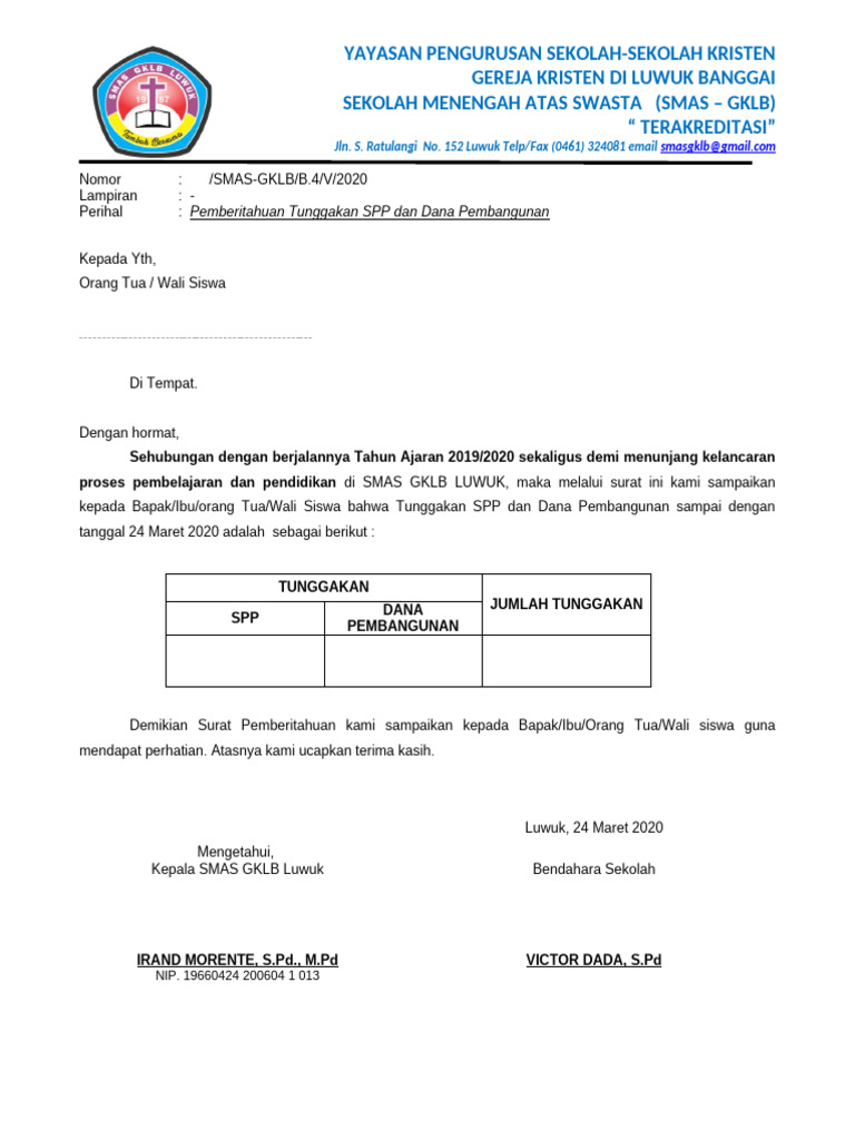 Surat Tagihan Spp Dan Dana Pembangunan | PDF