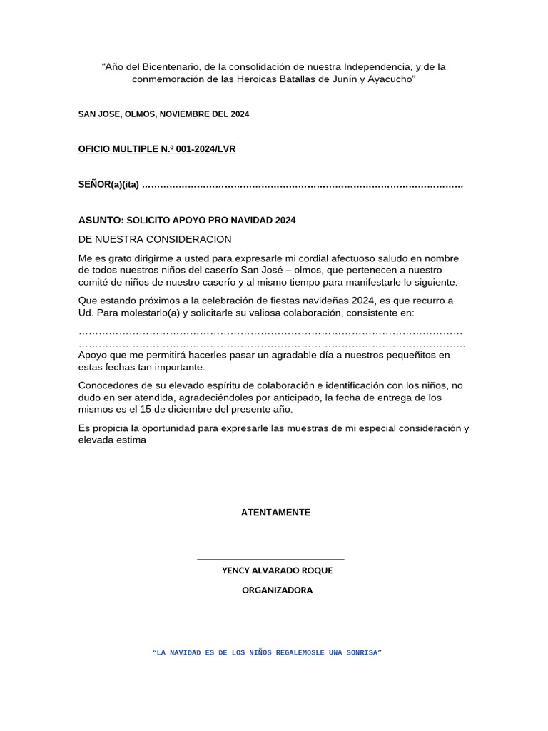 Oficio Apoyo Navidad Lency Alvarado Roque | PDF