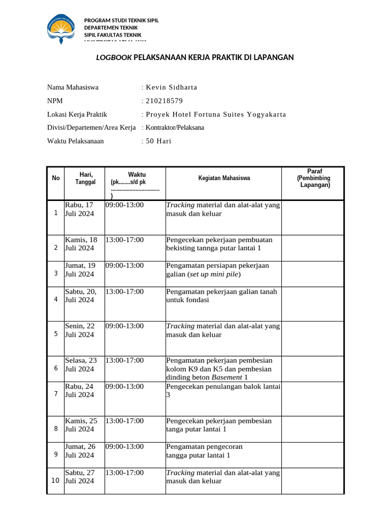 LOGBOOK DAN LEMBAR PENILAIAN KP - Kevin | PDF
