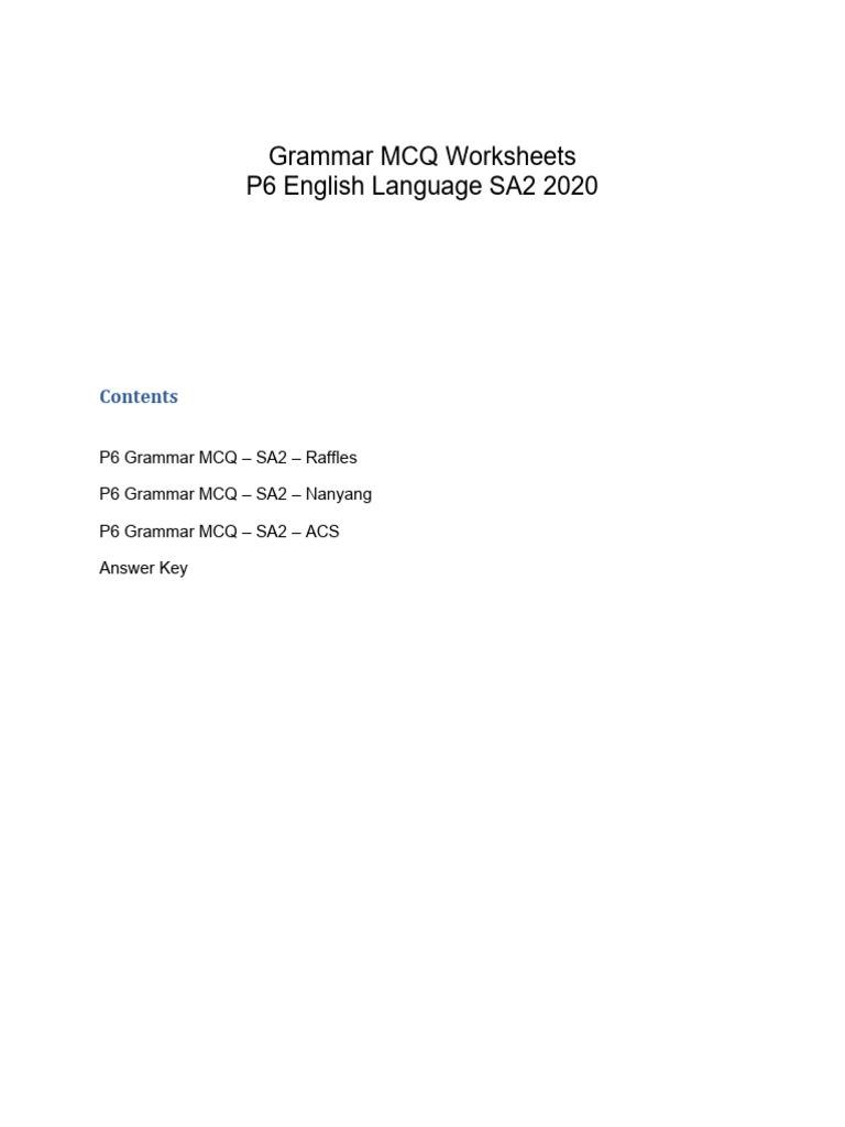 P6 Grammar MCQ Worksheet SA2 2020 | PDF