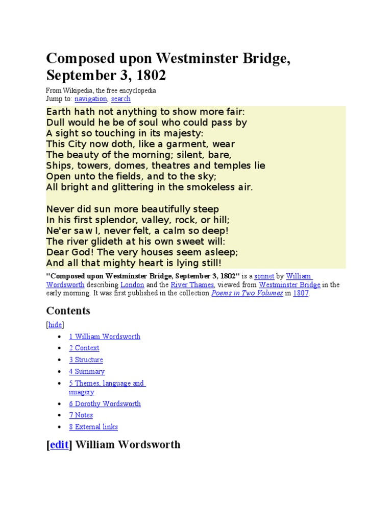 Analysis of Westminster Bridge Sonnet | PDF | Sonnets | William Wordsworth