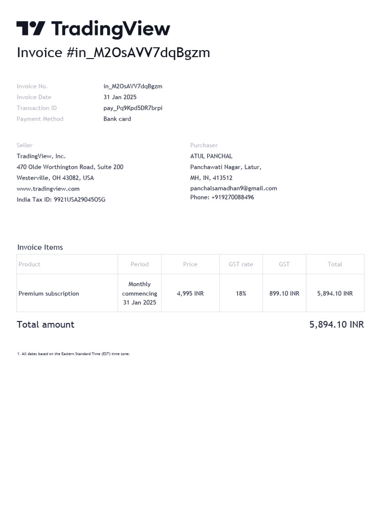 TradingView Invoice for Subscription | PDF