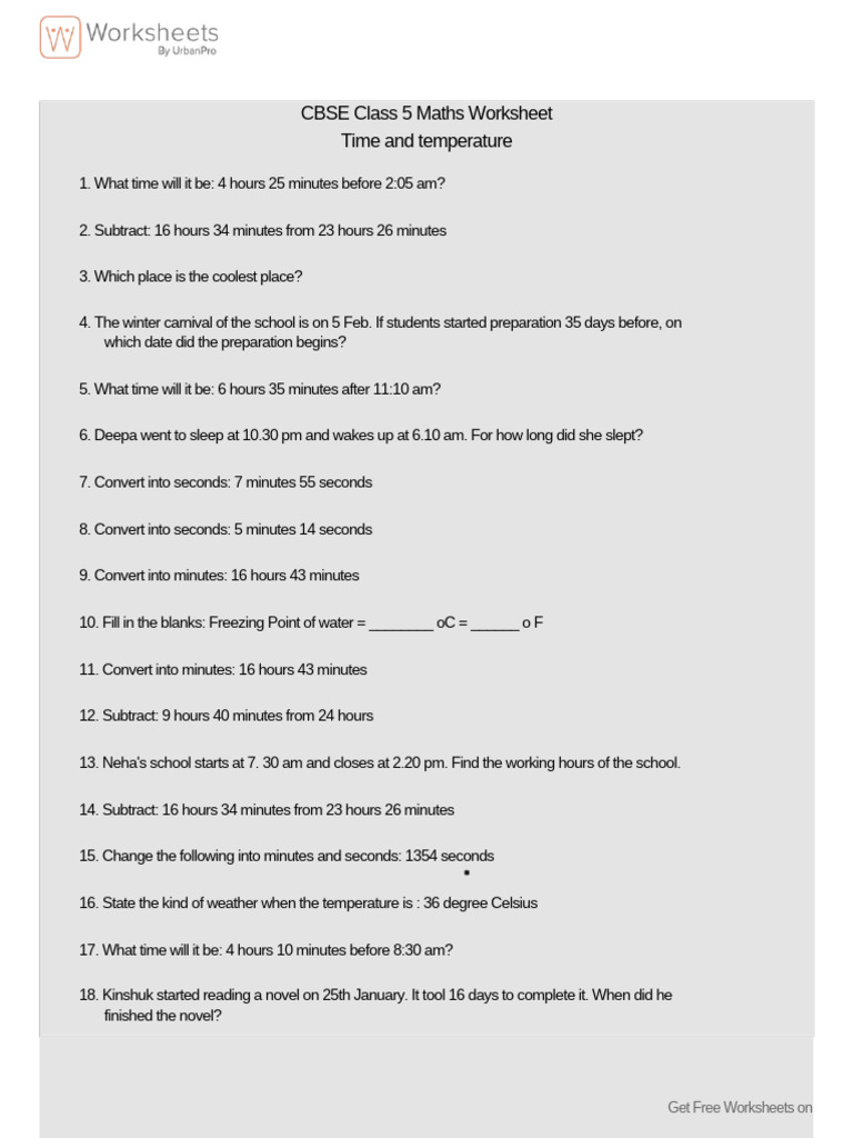 CBSE Class 5 Maths: Time & Temperature Worksheet | PDF