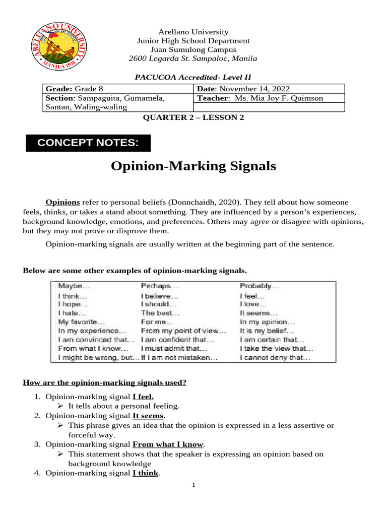 Eng8 Opinion Marking Signals Concept Notes | PDF | Experience | Knowledge