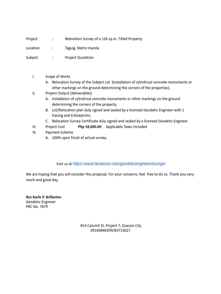 Relocation Survey Proposal in Taguig | PDF